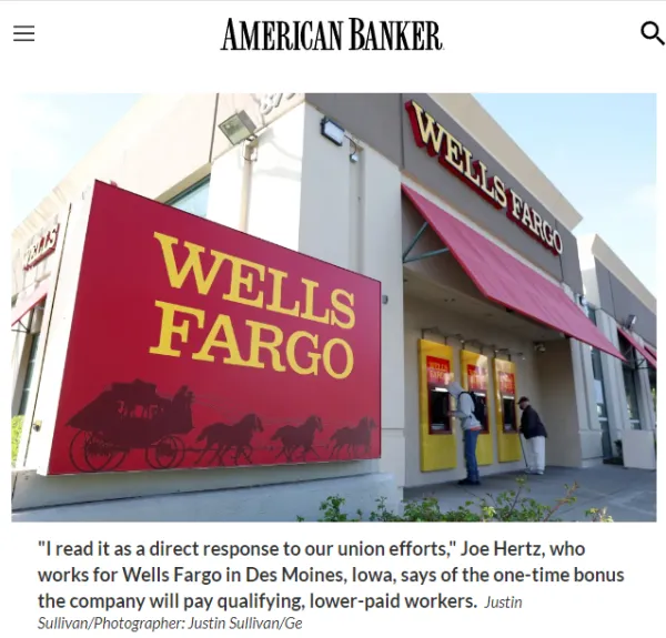 American Banker: Wells Fargo gives $1,000 bonus to its lower-paid ...
